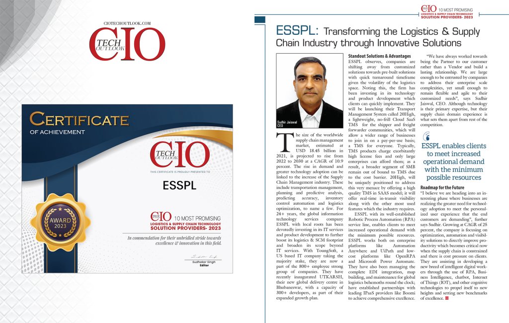 Featured in CIOTech Outlook - Software solutions for logistics and supply chain companies | ESSPL